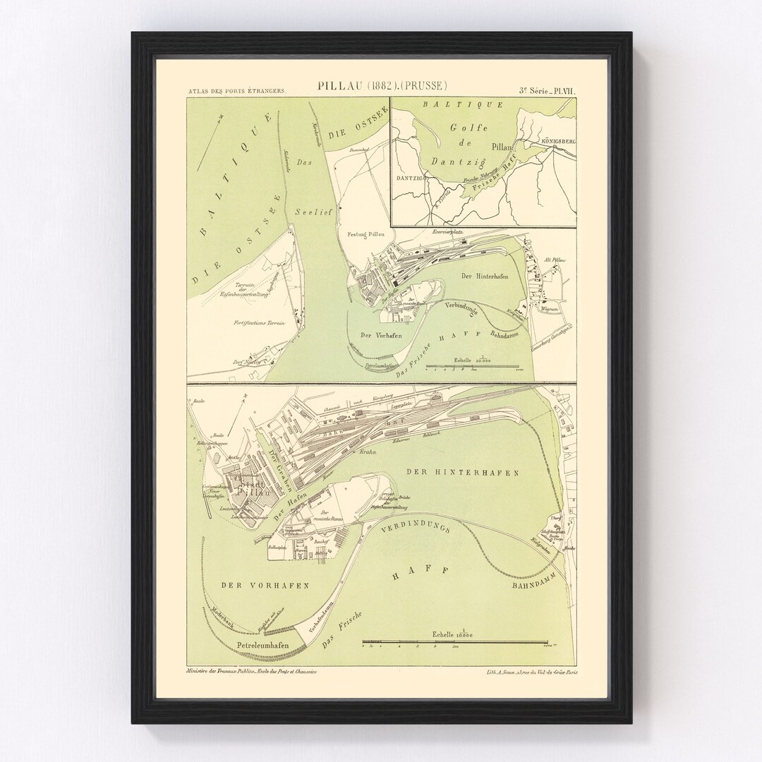 Baltiysk Map 1882 Old Map of Baltiysk Prussia Art Vintage Print Framed ...