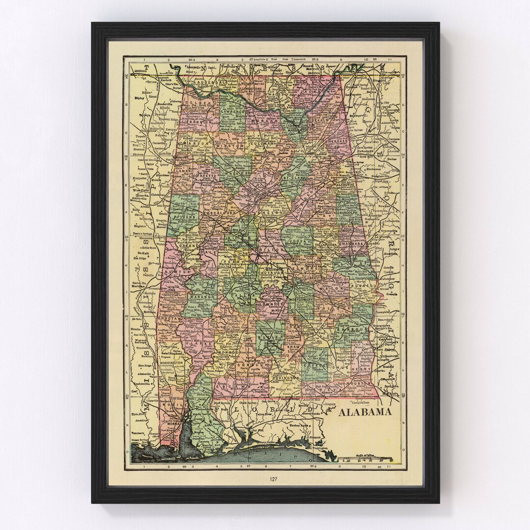 Alabama Map 1909, Vintage Alabama Map, Old Alabama Art, Wall Art Gift ...