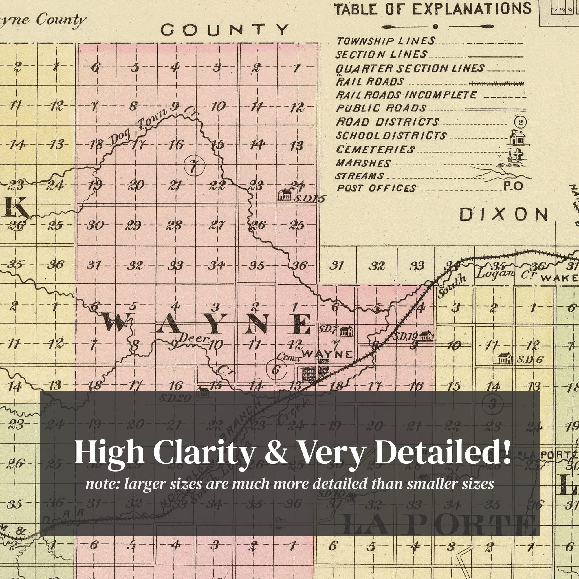 Wayne County Map 1885, Vintage Wayne County Map, Old Wayne County ...