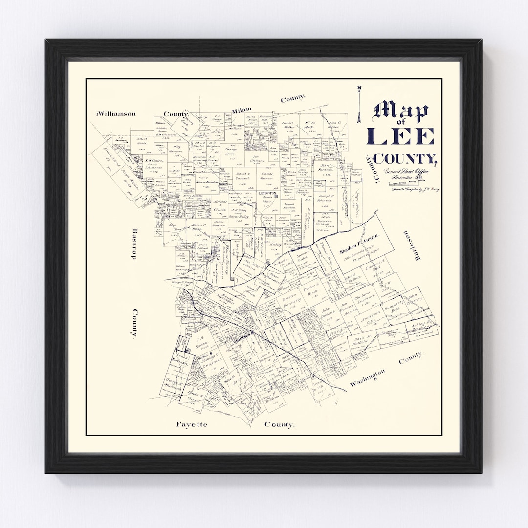 Lee County Map 1888, Vintage Lee County Map, Old Lee County Texas Art ...