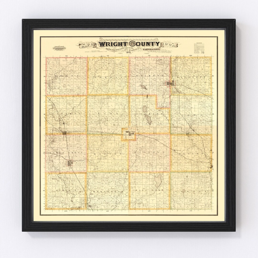 Wright County Map 1885, Vintage Wright County Map, Old Wright County Iowa Art, Wall Art Gift for ...