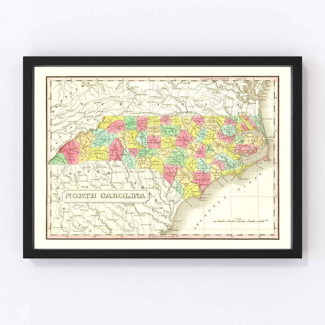North Carolina Map 1831, Vintage North Carolina Map, Old North Carolina ...
