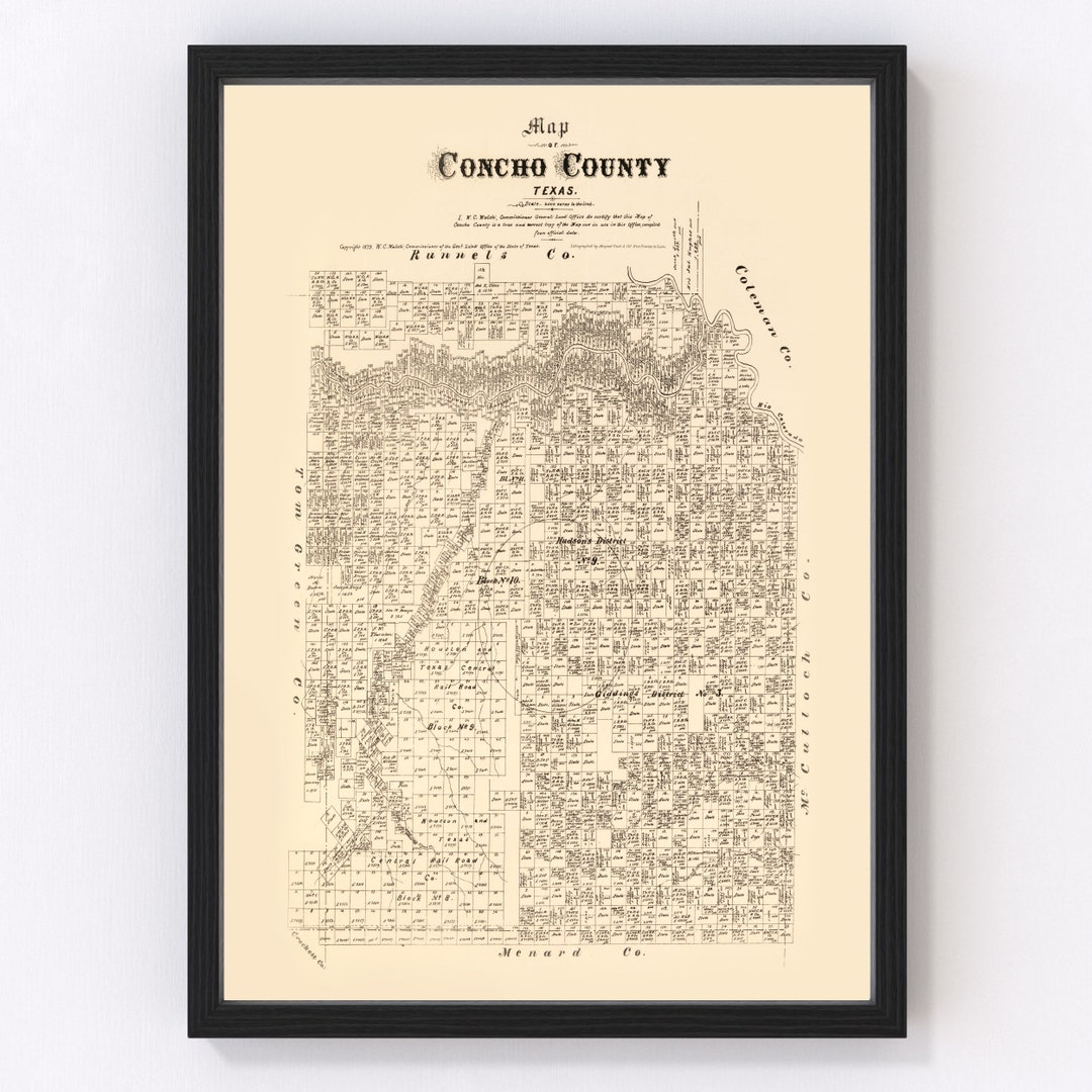 Concho County Map 1879, Vintage Concho County Map, Old Concho County ...