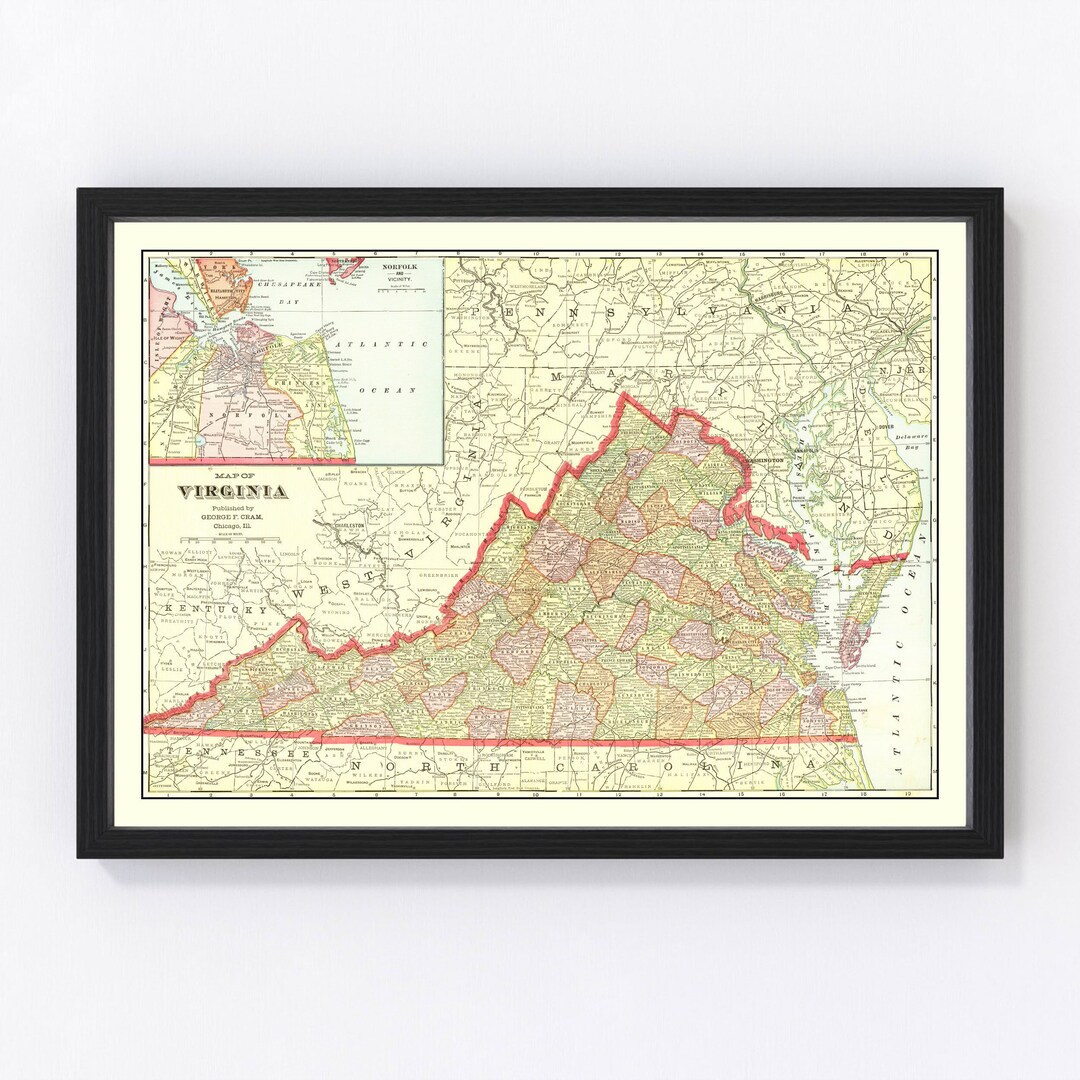 Virginia Map 1908, Vintage Virginia Map, Old Virginia Art, Wall Art ...