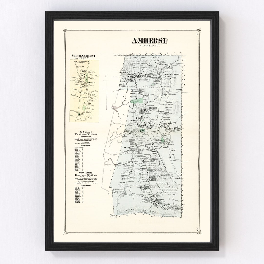 Amherst Map 1873 - Old Map of Amherst Massachusetts Art Vintage Print Framed Canvas Portrait ...