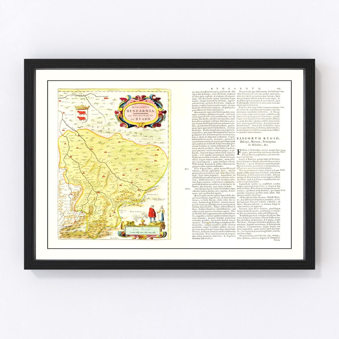 Béarn Map 1665 - Old Map of Béarn France Art Vintage Print Framed Wall ...