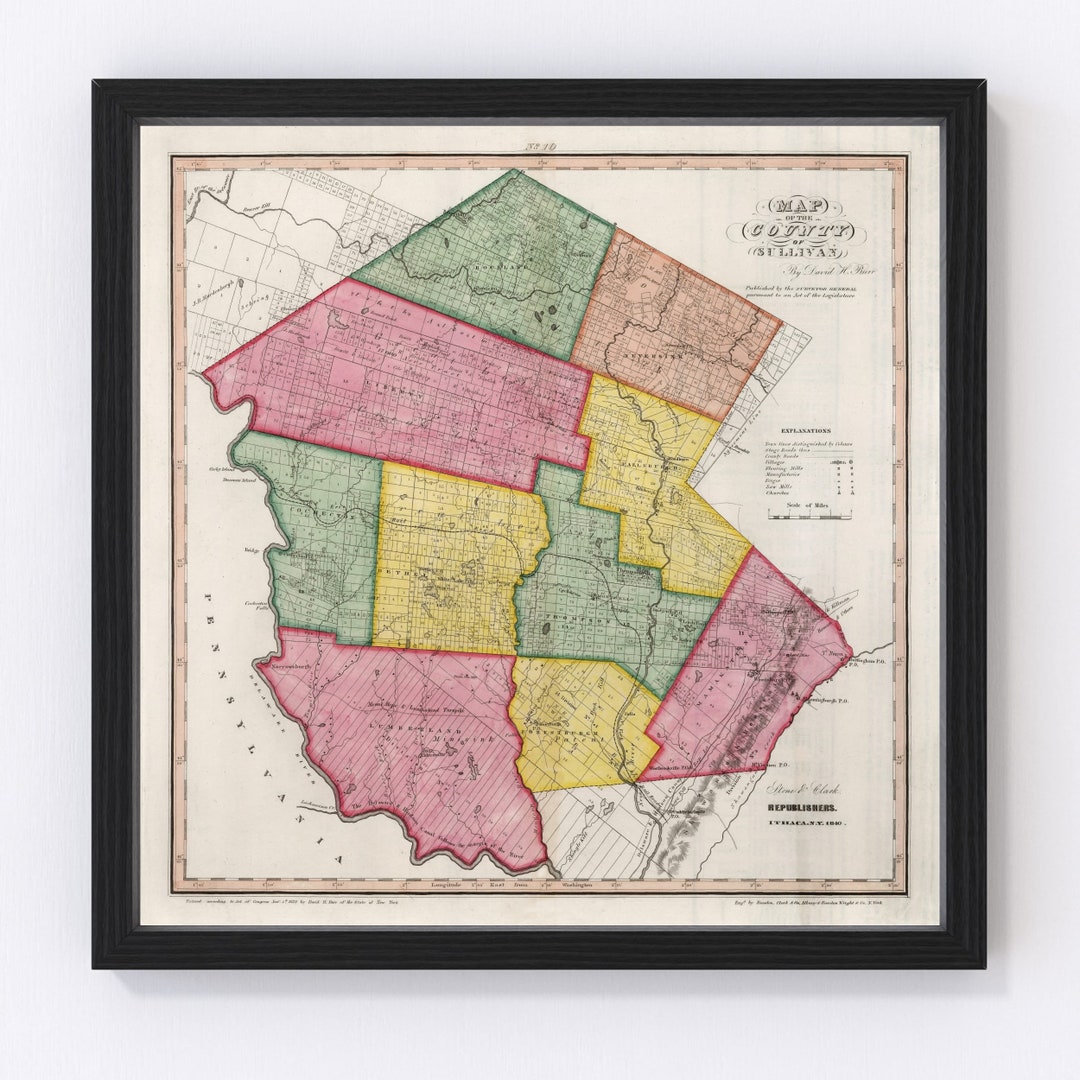 Sullivan County NY Map 1840 Old Map of Monticello New York Art Vintage ...