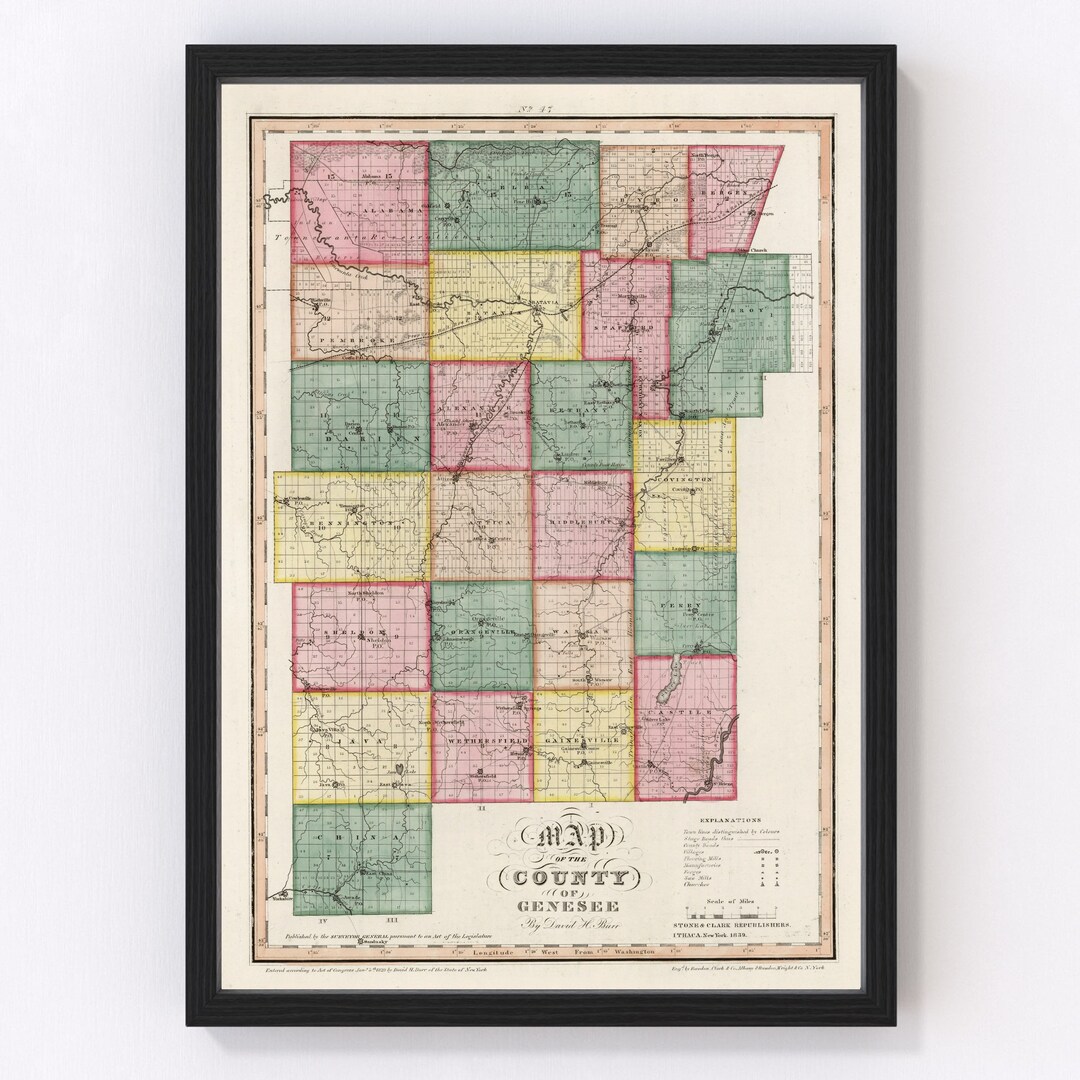 Genesee County Map 1839, Vintage Genesee County Map, Old Genesee County ...