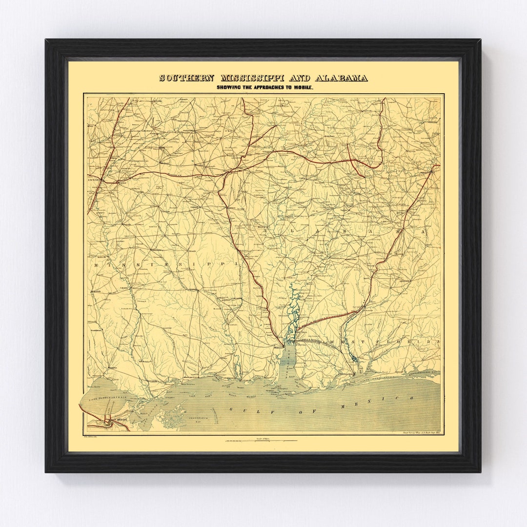 Alabama Map 1863 Old Map of Alabama Art Vintage Print Framed Wall Art ...