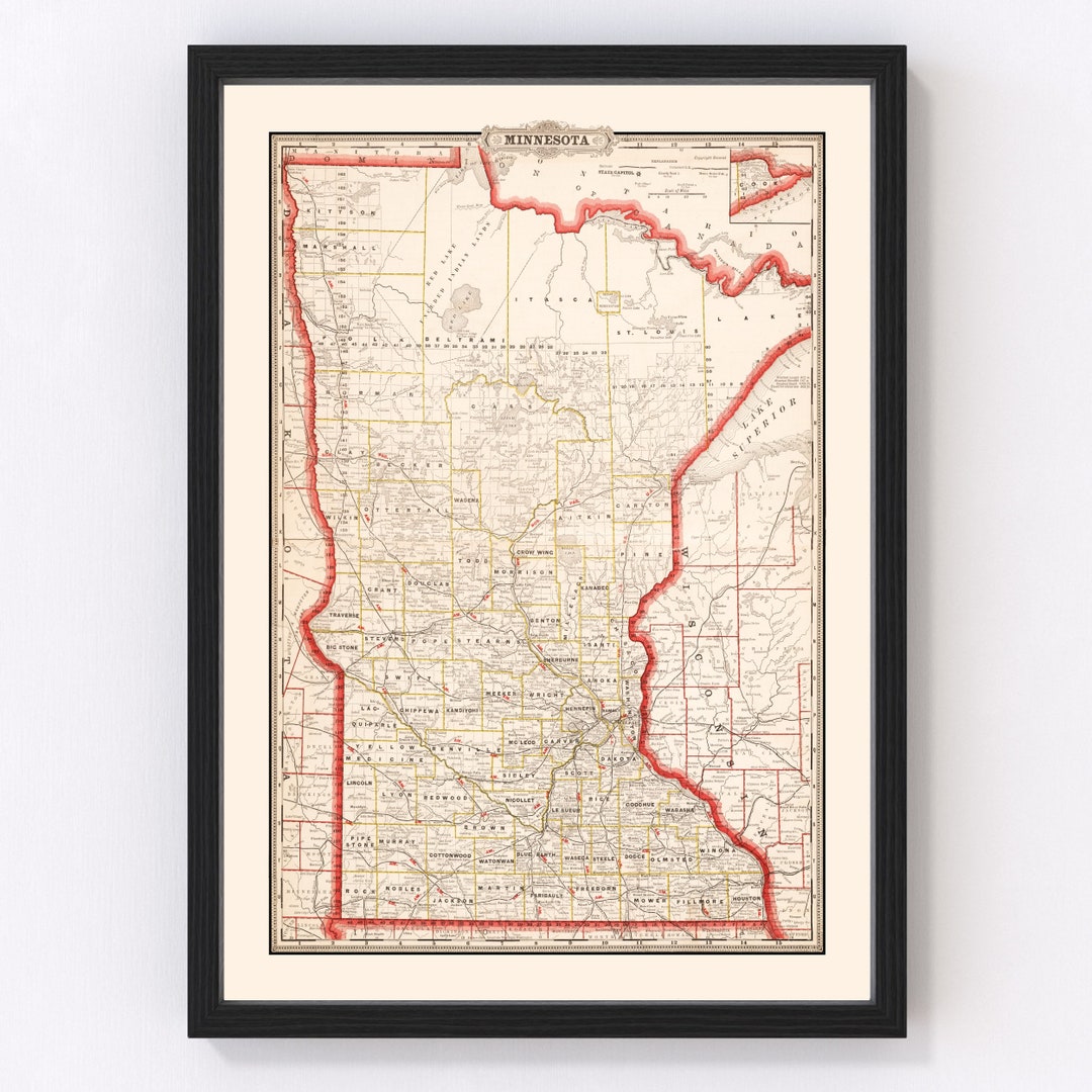 Minnesota Map 1882 Old Map of Minnesota Art Vintage Print Framed Wall ...