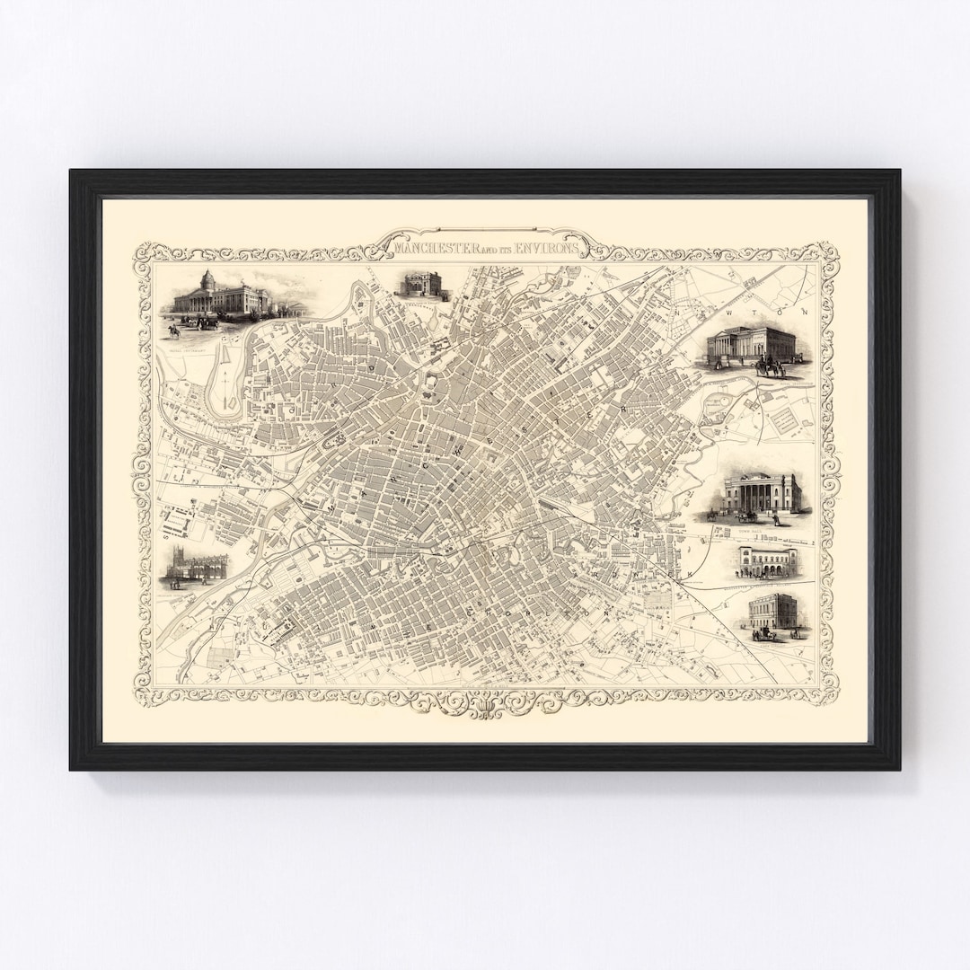 Manchester Map 1851 Old Map of Manchester United Kingdom Art Vintage ...