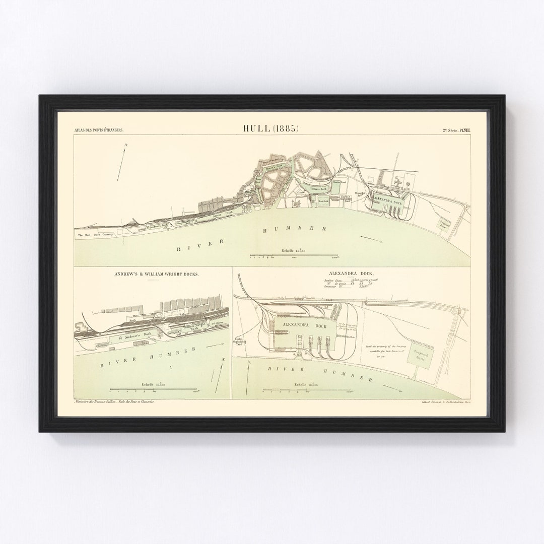 Hull Map 1885 Old Map of Hull England Art Vintage Print Framed Wall Art ...