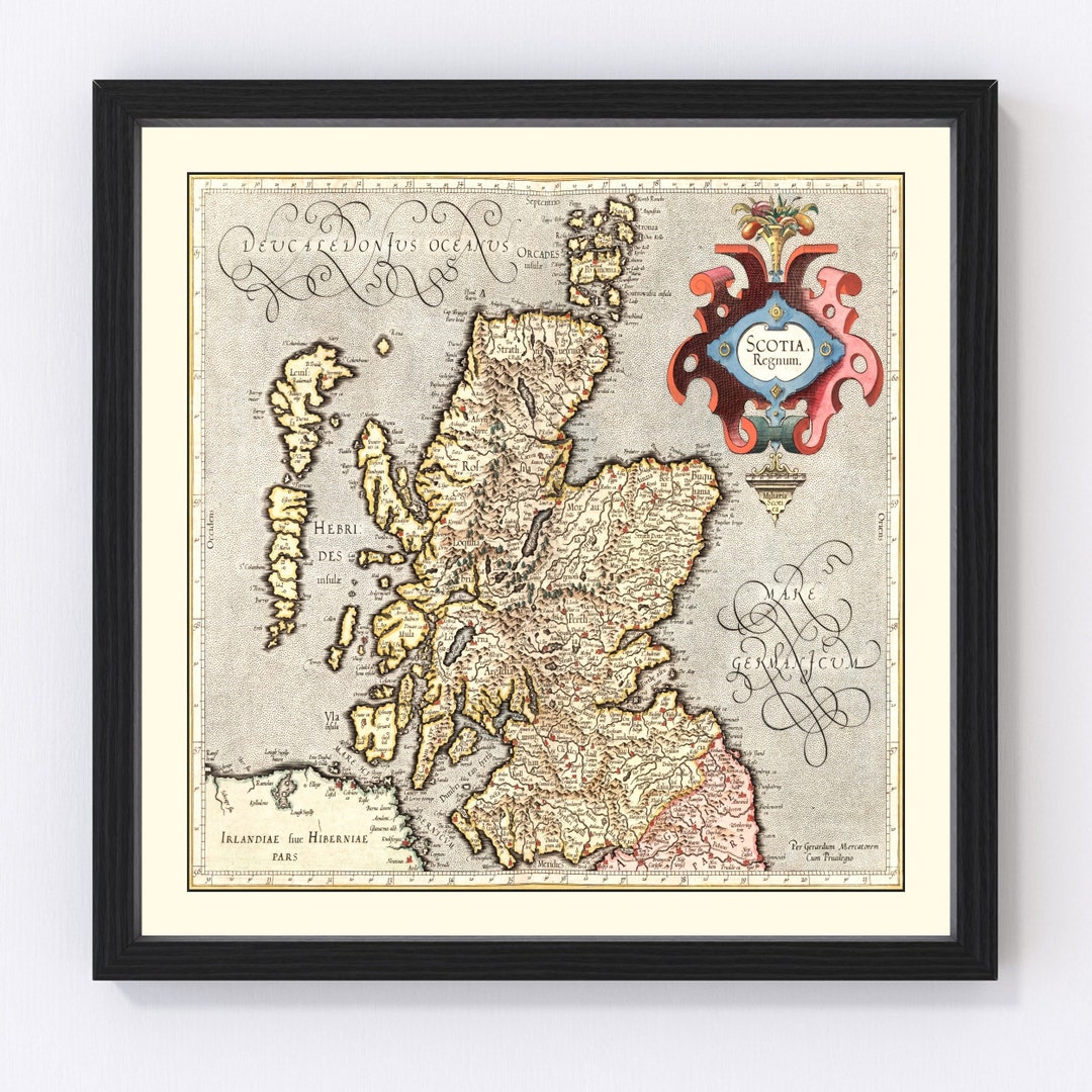 Scotland Map Art Vintage Print From 1623 Old Scotland Art Framed or ...