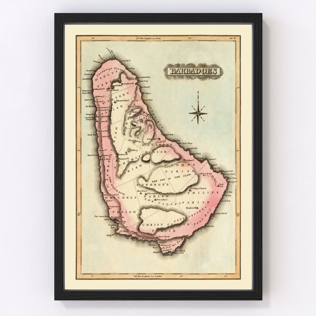 Barbados Map 1823 Old Map of Barbados Art Print Framed Wall Art Vintage ...