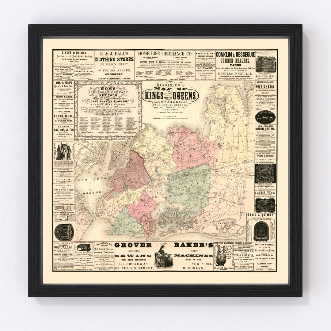 Kings County Map 1860, Vintage Kings County Map, Old Kings County New ...