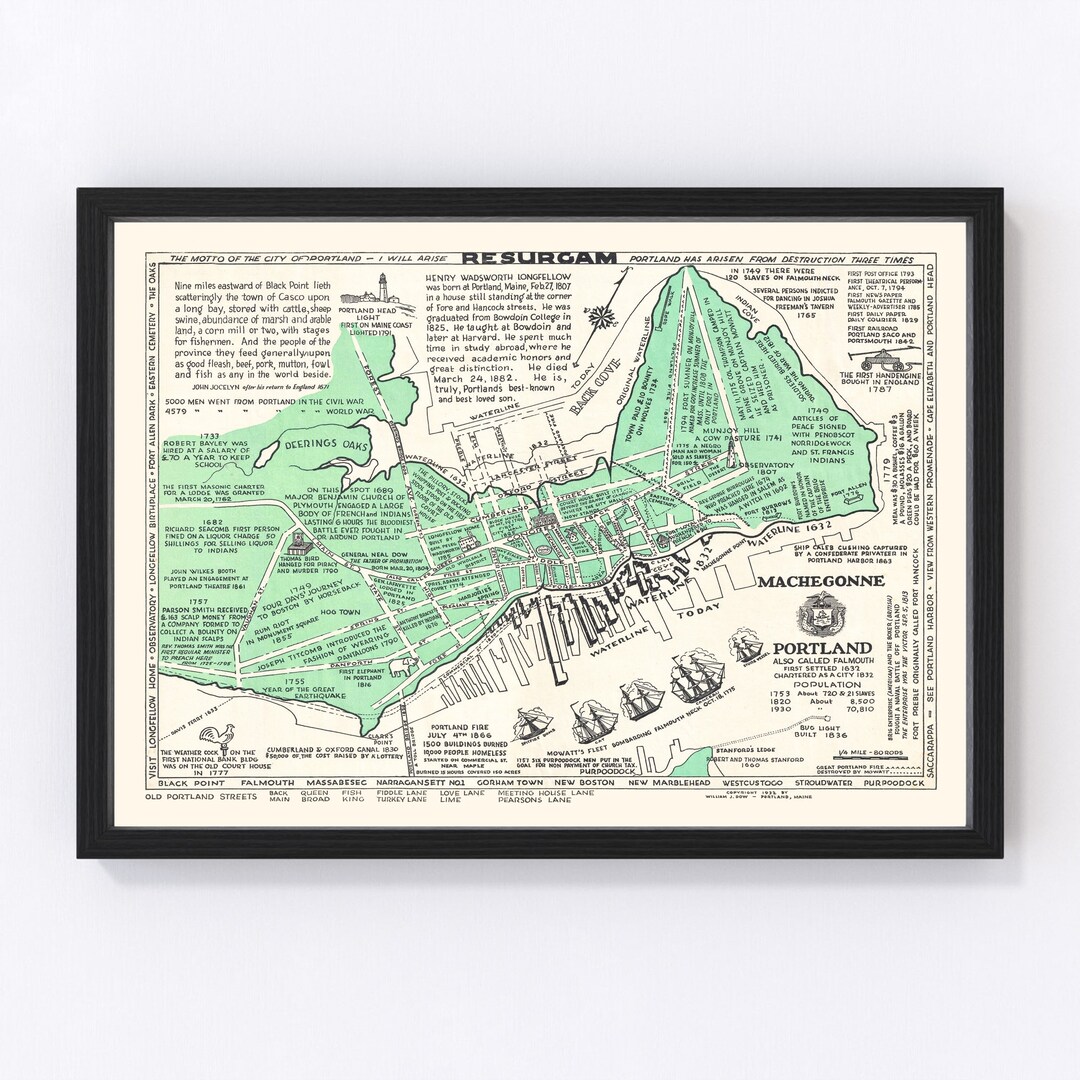 Portland Map 1932 Old Map of Portland Maine Art Vintage Print Framed ...