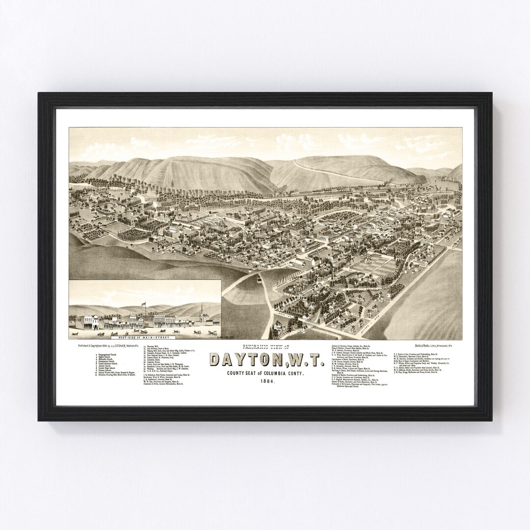 Dayton Map 1884 Old Map of Dayton Washington Art Vintage Print Framed ...