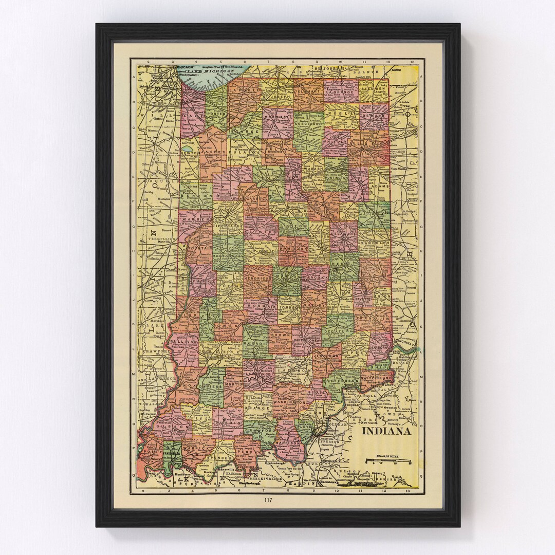 Indiana Map 1909, Vintage Indiana Map, Old Indiana Art, Wall Art Gift ...