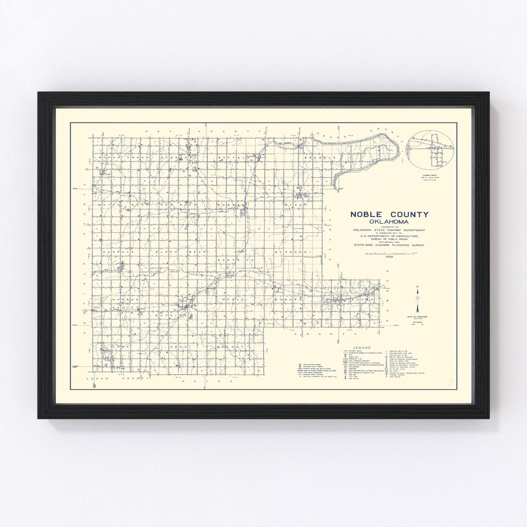 Noble County OK Map 1936 Old Map of Oklahoma Art Vintage Print Framed ...