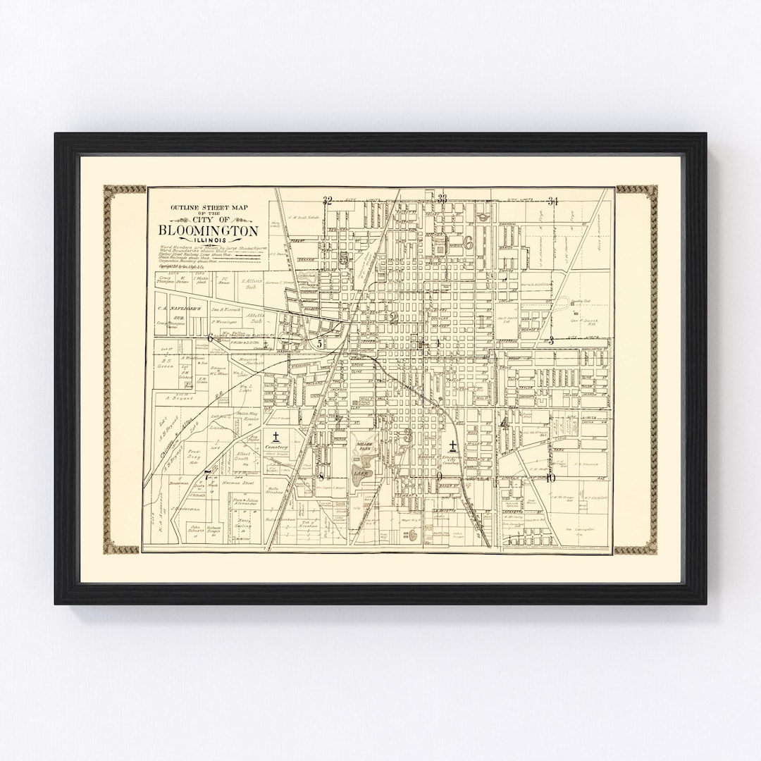 Bloomington Map 1914 - Old Map of Bloomington Illinois Art Vintage ...