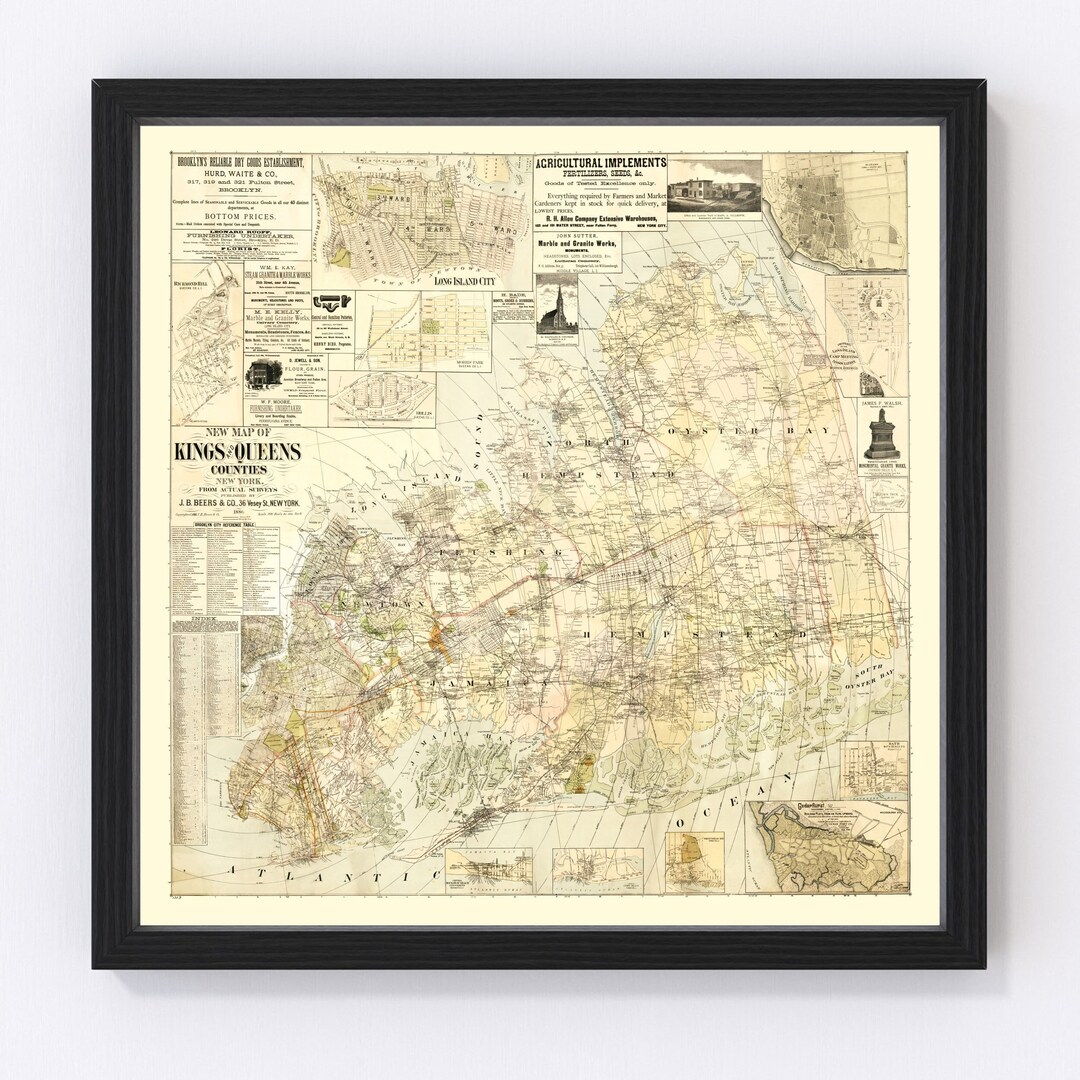 Kings County Map 1886, Vintage Kings County Map, Old Kings County New ...