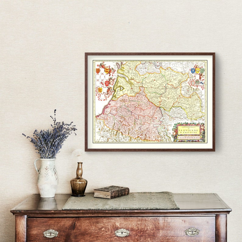 Gascony Map 1665, Vintage Gascony Map, Old Gascony Art, Wall Art Gift ...