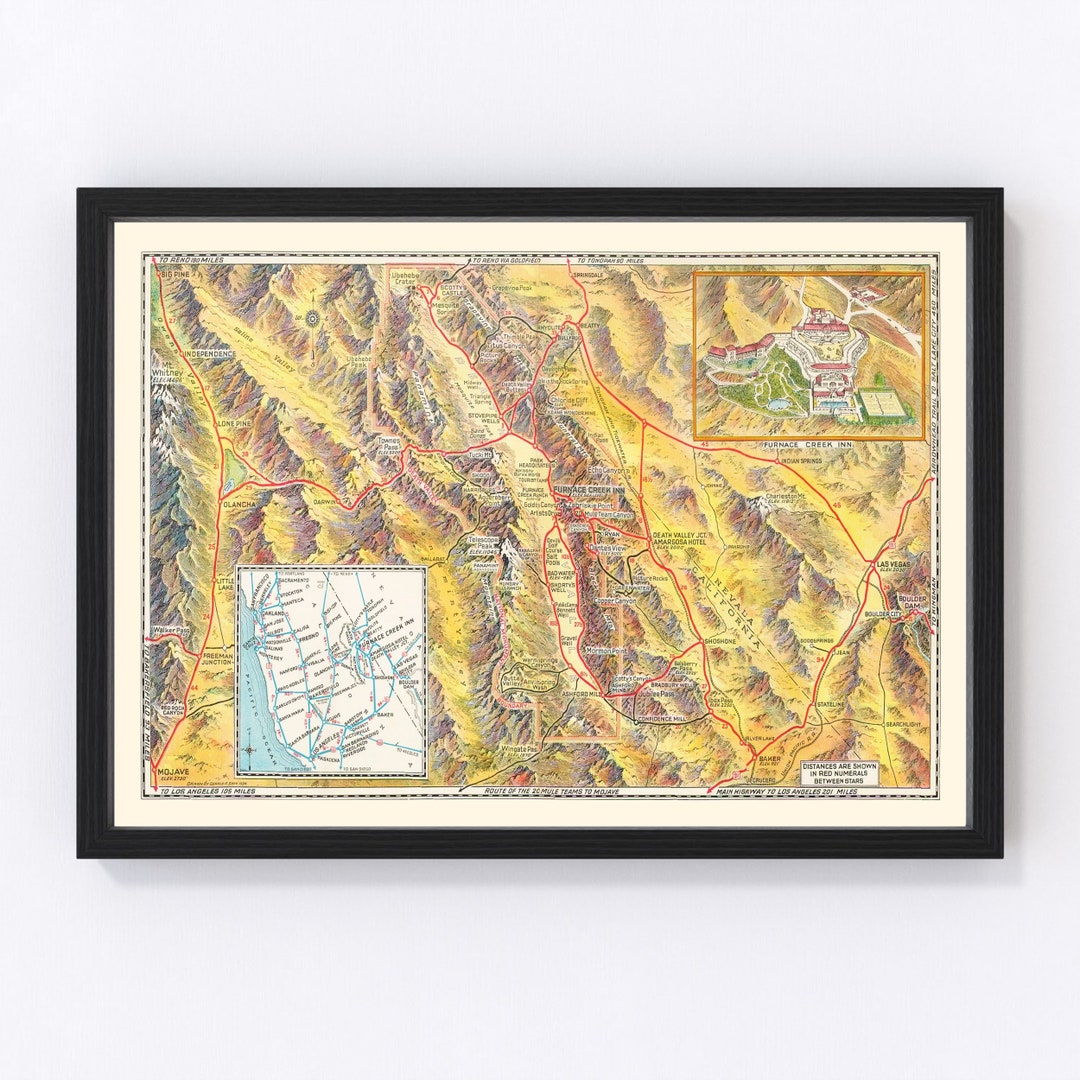Death Valley Map 1934 Old Map of Death Valley Art Vintage Print Framed ...