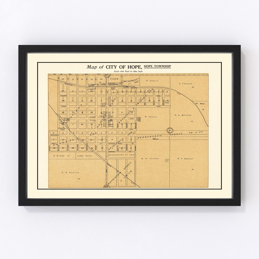 Hope Map 1909 Old Map of Hope Kansas Art Vintage Print Framed Canvas ...