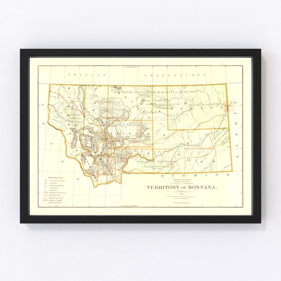 Montana Map 1876, Vintage Montana Map, Old Montana Art, Wall Art Gift ...