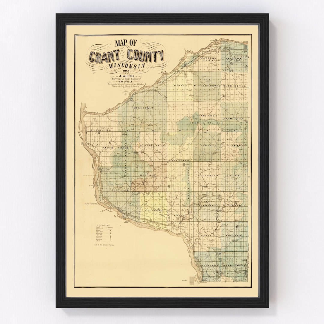 Grant County Wisconsin Map 1857 Old Map of Grant County Wisconsin Art ...