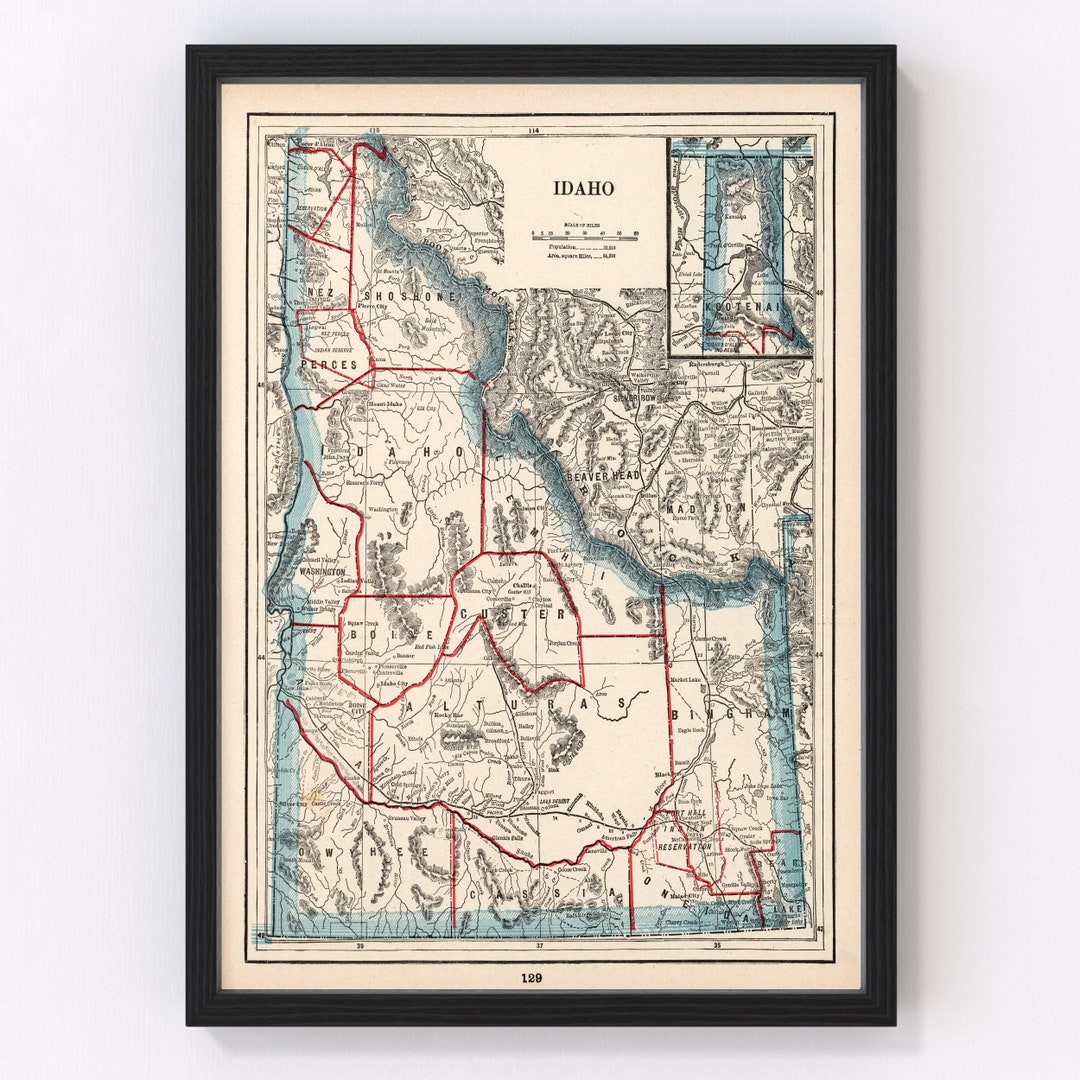 Idaho Map 1893 - Old Map of Idaho Art Vintage Print Framed Wall Art ...