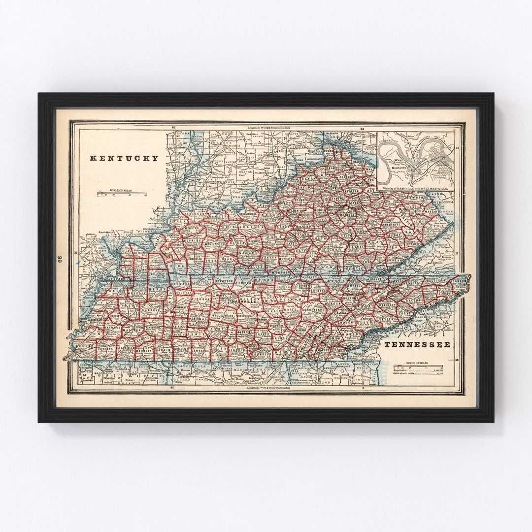 Kentucky Map 1893, Vintage Kentucky Map, Old Kentucky Art, Wall Art ...