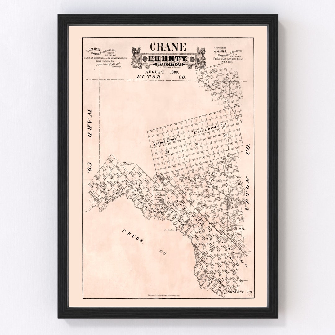 Crane County Map 1888, Vintage Crane County Map, Old Crane County Texas ...