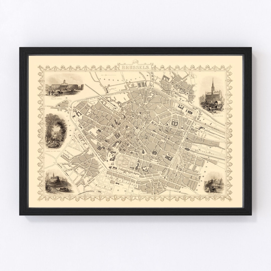 Brussels Map 1851 Old Map of Brussels Belgium Art Vintage Print Framed ...