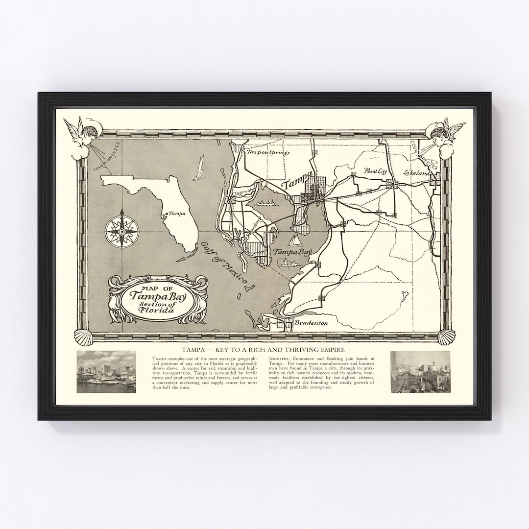 Tampa Map 1928 Old Map of Tampa Florida Art Vintage Print Framed Canvas ...