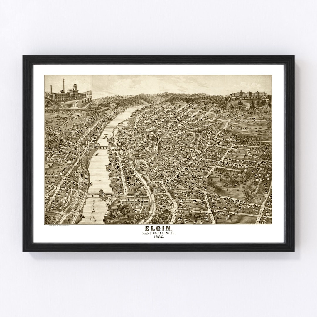 Elgin Map 1880 - Old Map of Elgin Illinois Art Vintage Print Framed ...