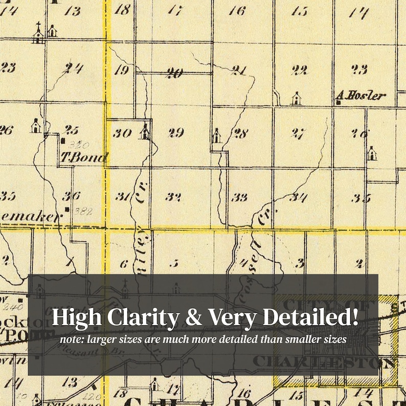 Coles County IL Map 1876 Old Map of Charleston Illinois Art - Etsy