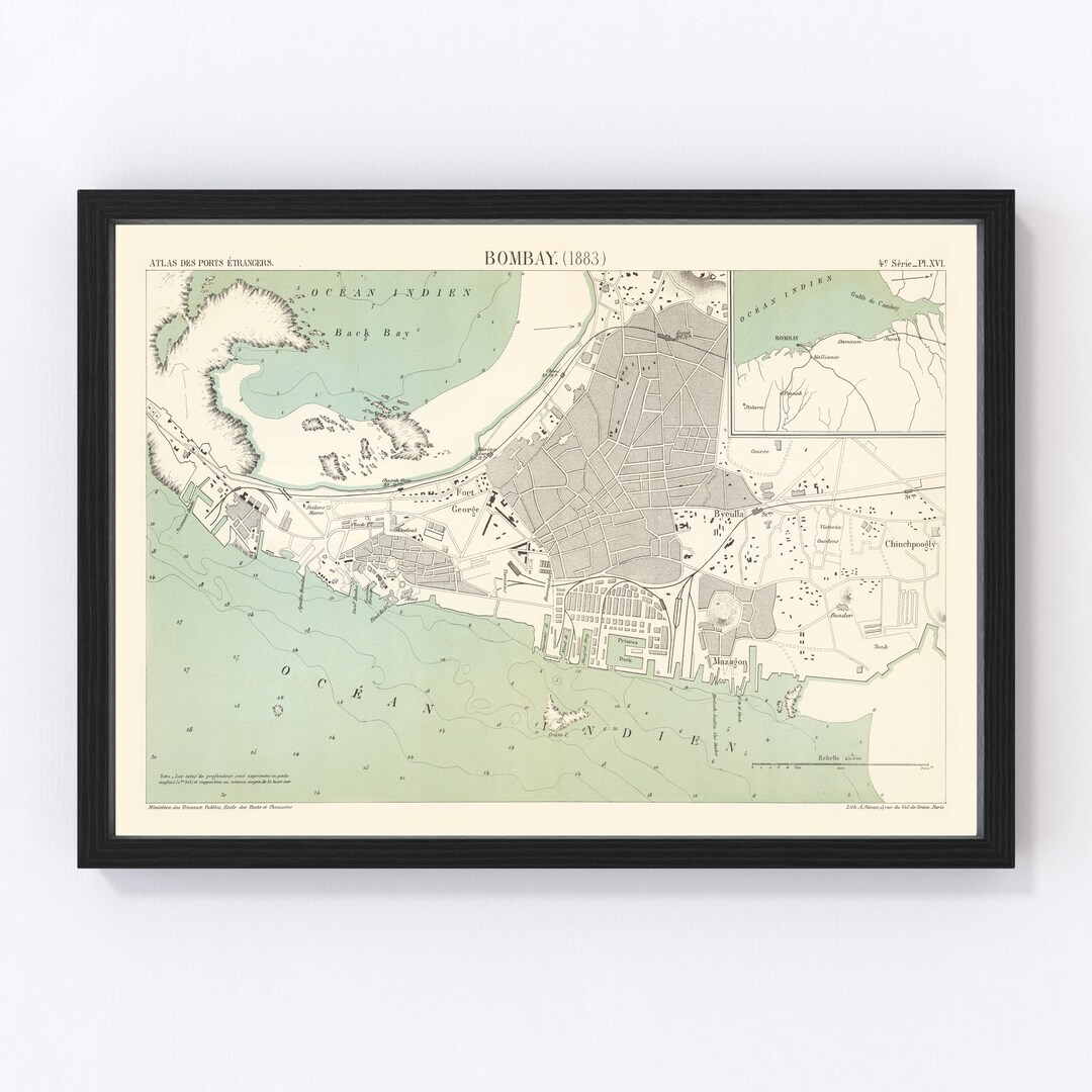Mumbai Map 1883, Vintage Mumbai Map, Old Mumbai Art, Wall Art Gift for ...