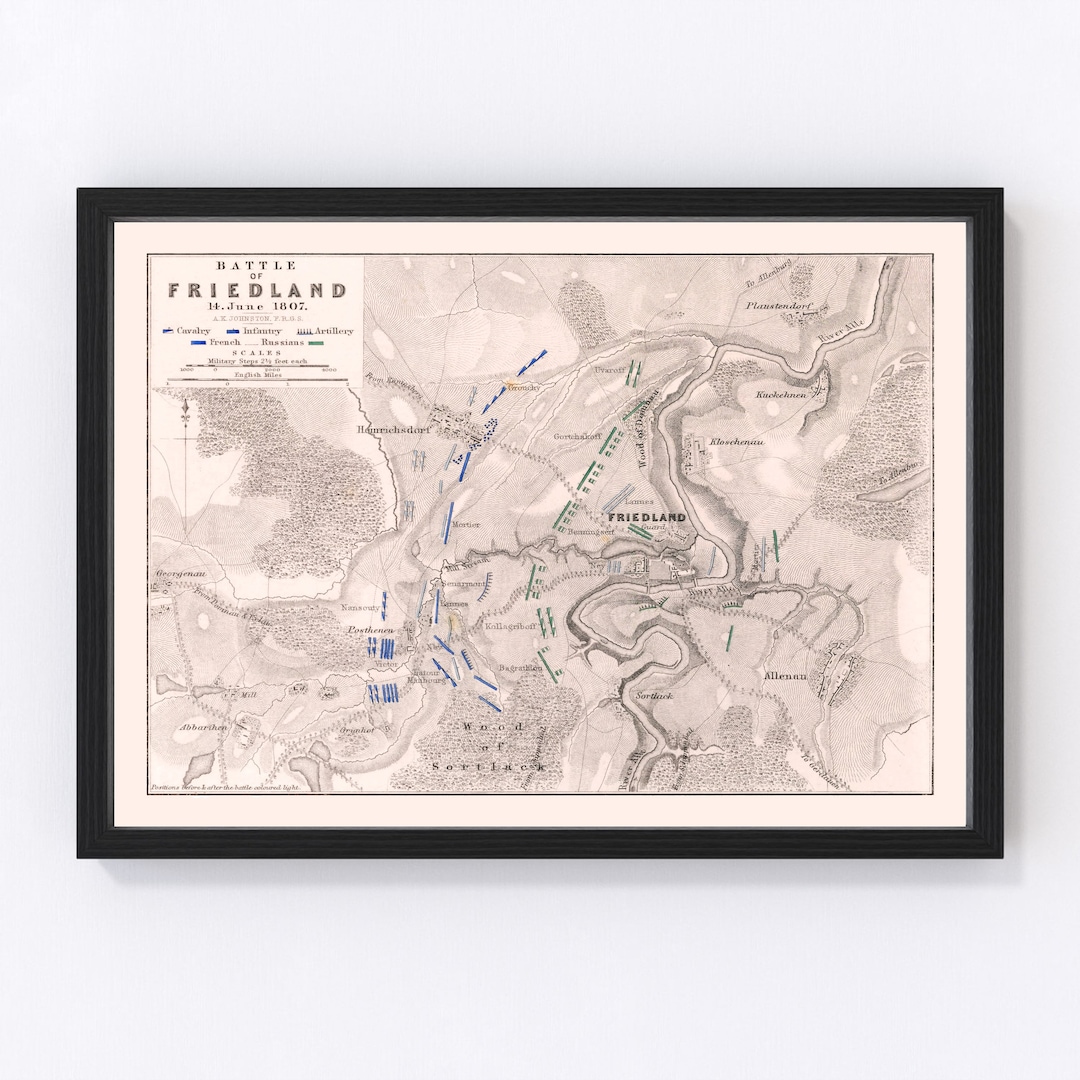 Battle of Friedland Map 1807 Old Map of Battle of Friedland Art Vintage ...