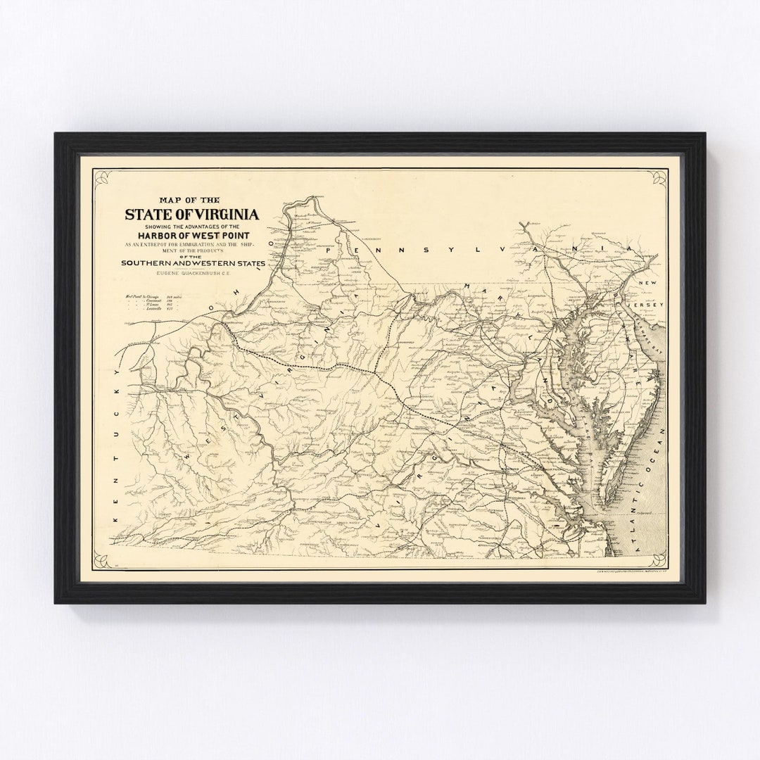 Virginia Map 1875 - Old Map of Virginia Art Vintage Print Framed Wall ...