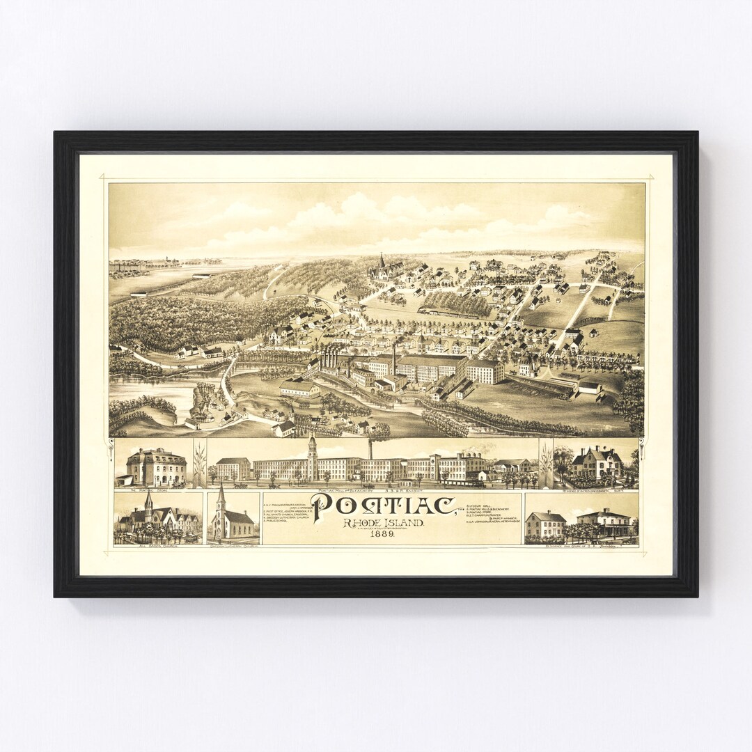 Pontiac Map 1889, Vintage Pontiac Map, Old Pontiac Rhode Island Art ...