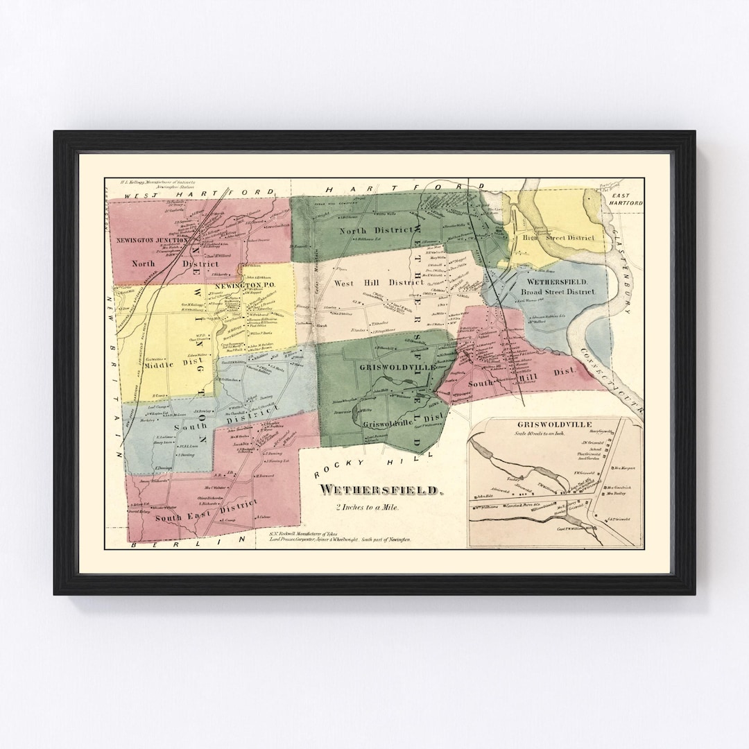 Wethersfield Map 1869 Old Map of Wethersfield Connecticut Art Vintage ...