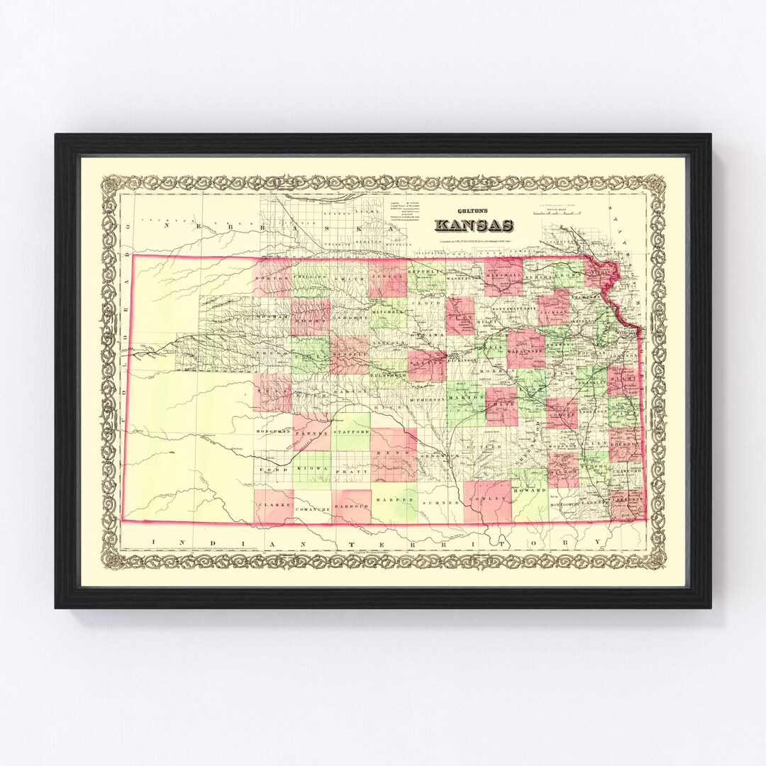 Kansas Map 1871 Old Map of Kansas Art Vintage Print Framed Wall Art ...