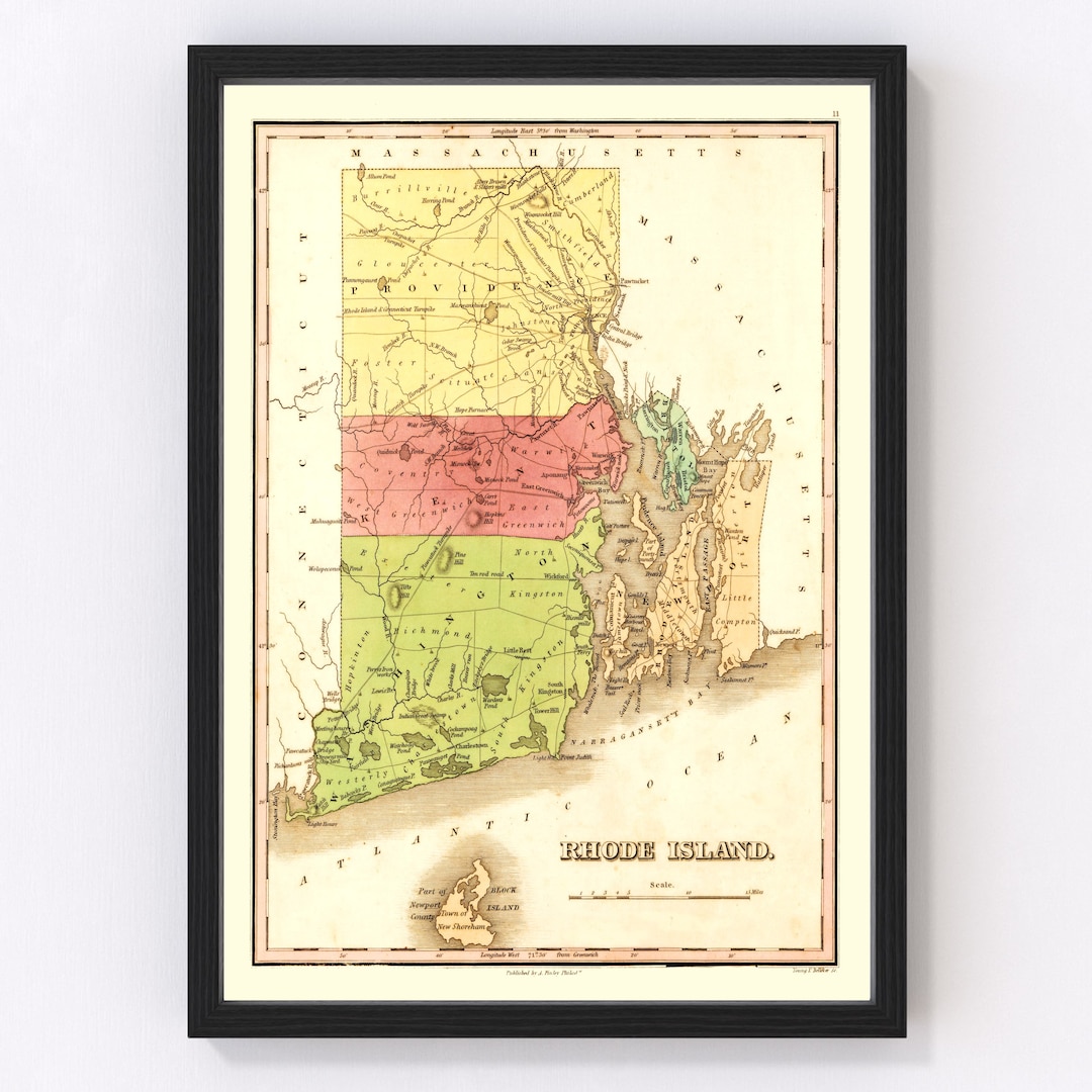 Rhode Island Map 1829 Old Map of Rhode Island Art Vintage Print Framed ...