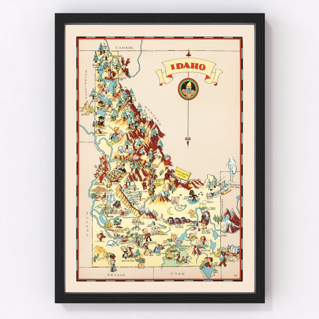 Idaho Map 1935 - Old Map of Idaho Art Vintage Print Framed Wall Art ...