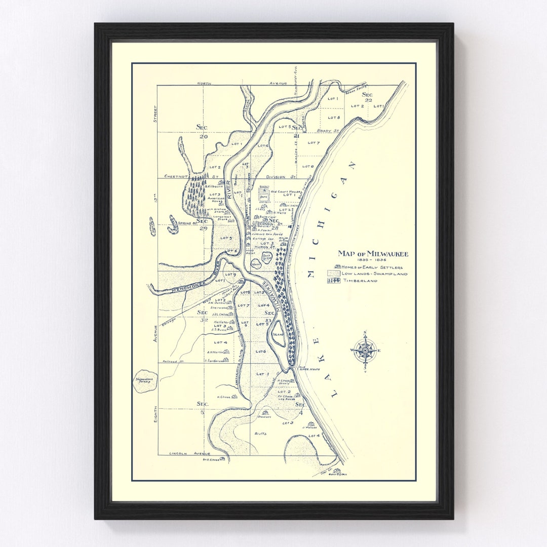 Milwaukee Map 1836 Old Map of Milwaukee Wisconsin Art Vintage Print ...