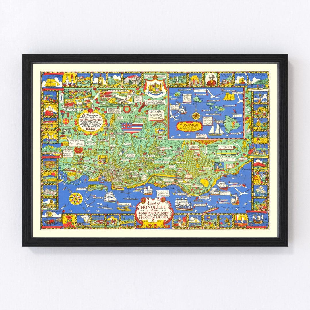 Honolulu Map 1927 Old Map of Honolulu Hawaii Art Vintage Print Framed ...
