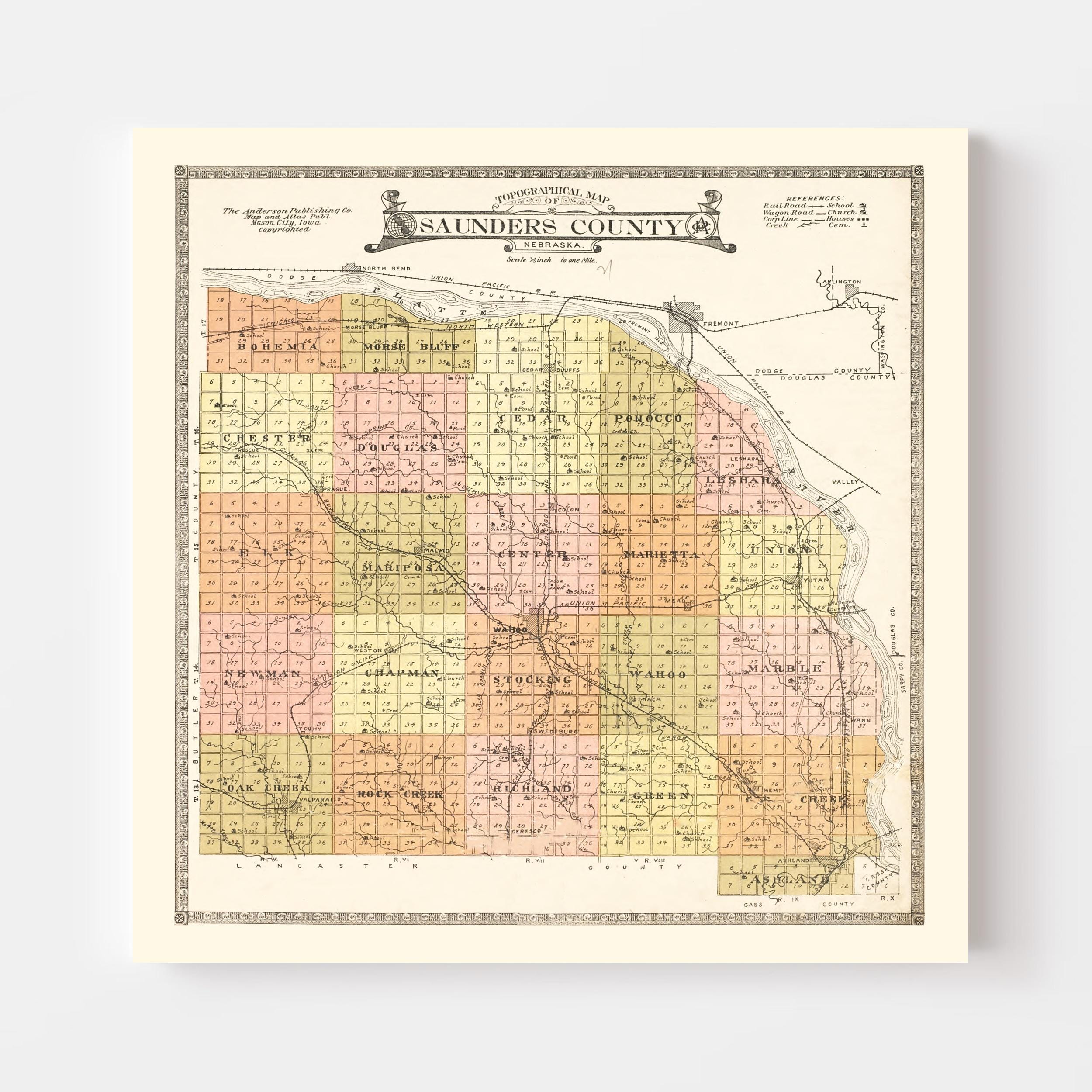 Saunders County Map 1916, Vintage Saunders County Map, Old Saunders ...