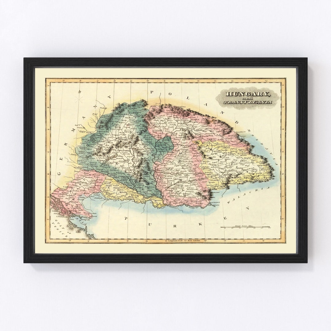 Hungary & Romania Map 1823 - Old Map of Hungary and Romania Art Print ...