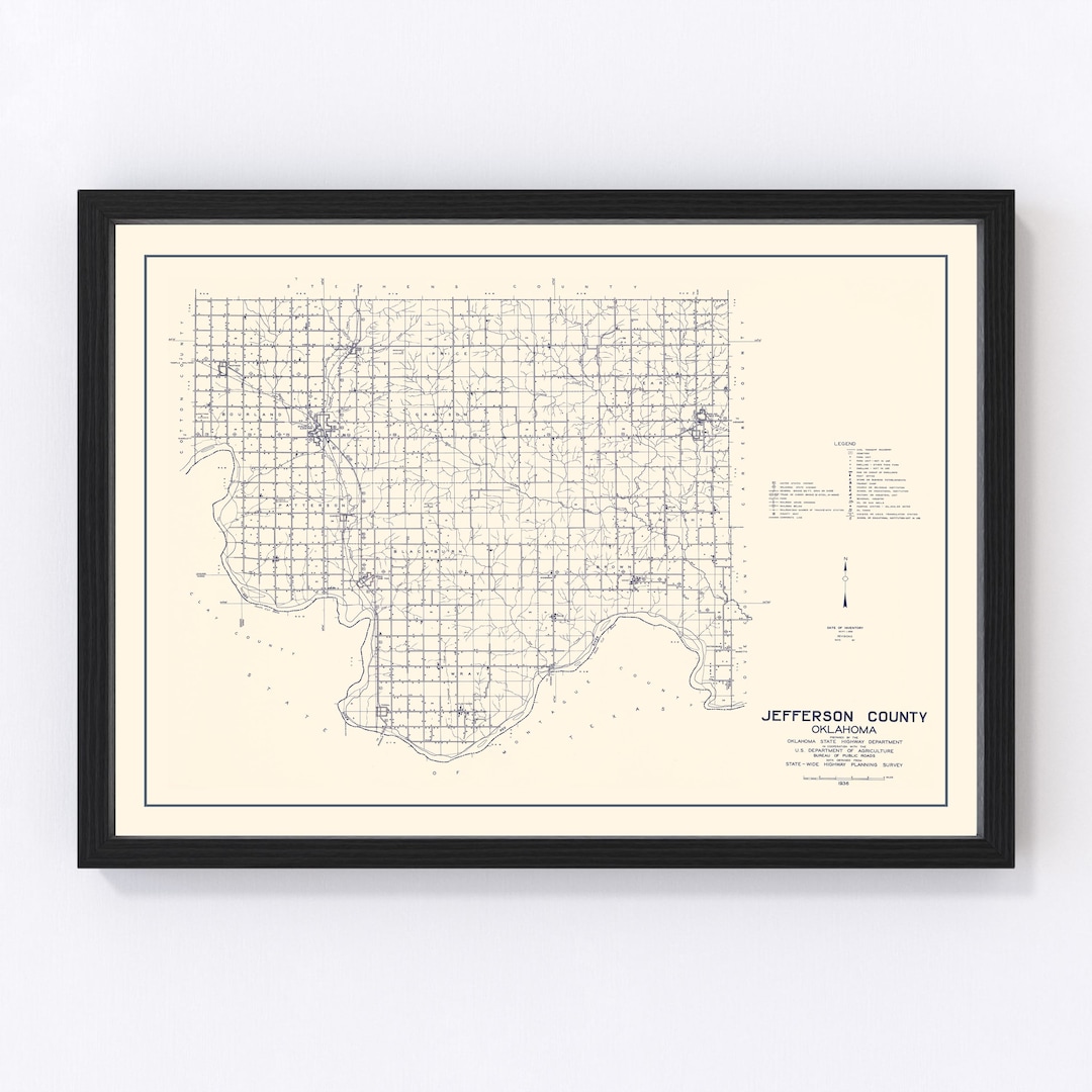 Jefferson County OK Map 1936 Old Map of Oklahoma Art Vintage Print ...